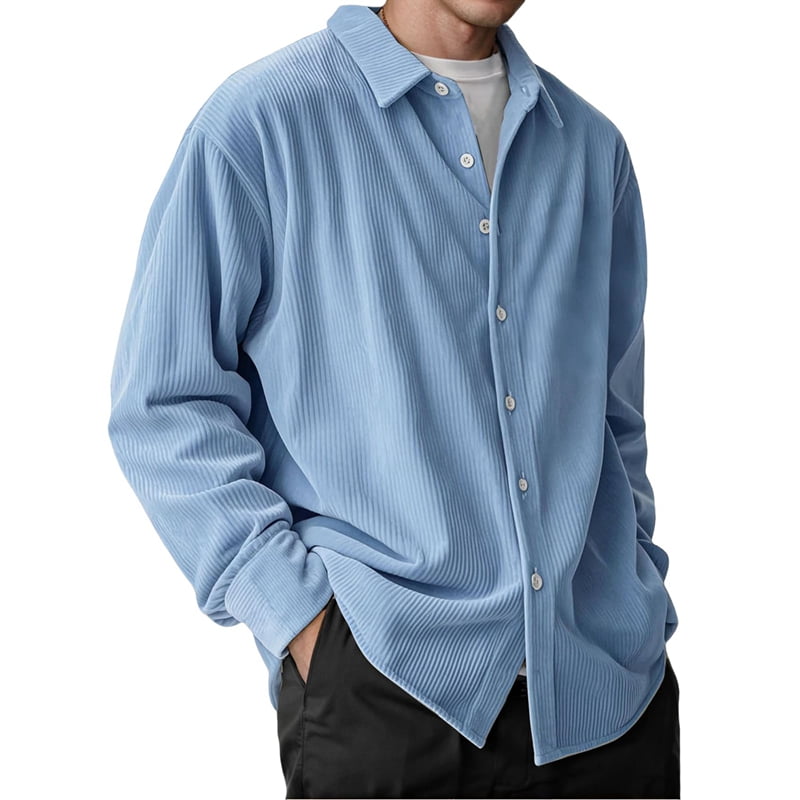 Corduroy Shirt Mens Lapel Long Sleeve Wrinkle Free Casual Button Down ...