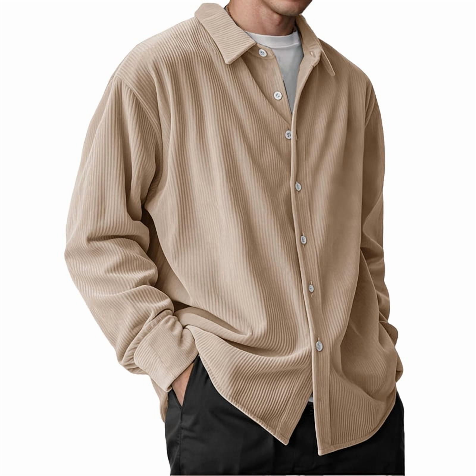 Corduroy Shirt Mens Lapel Long Sleeve Wrinkle Free Casual Button Down ...