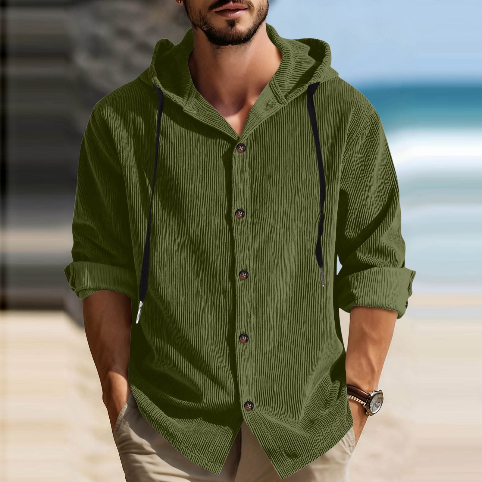 Corduroy-Shirts for Men with Hood Long Sleeve Button-Down Hoodies Mens ...