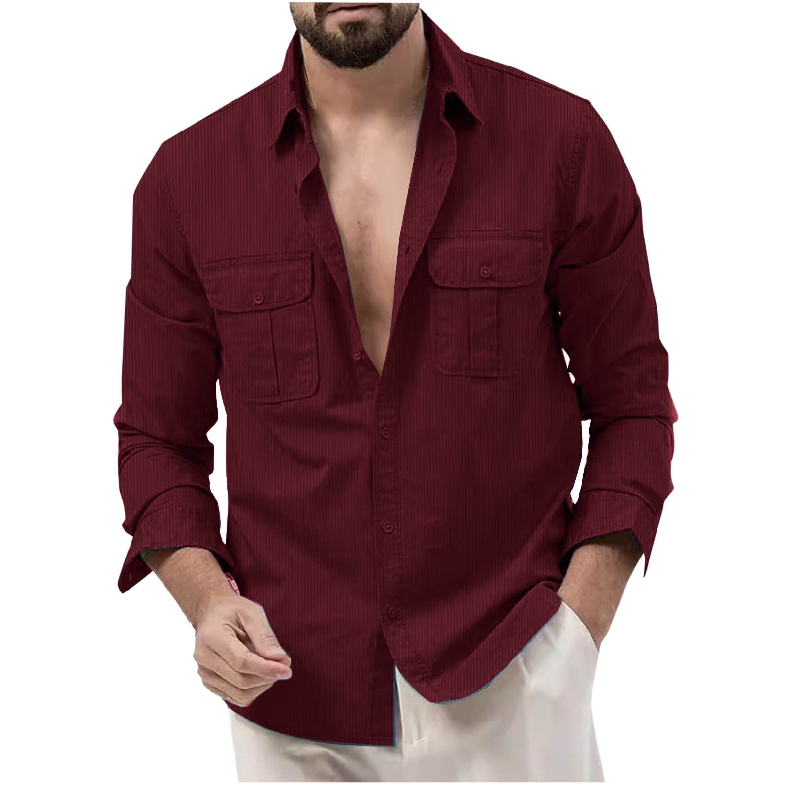 Corduroy-Shirts for Men with Pockets Long Sleeve Button-Down Collared ...