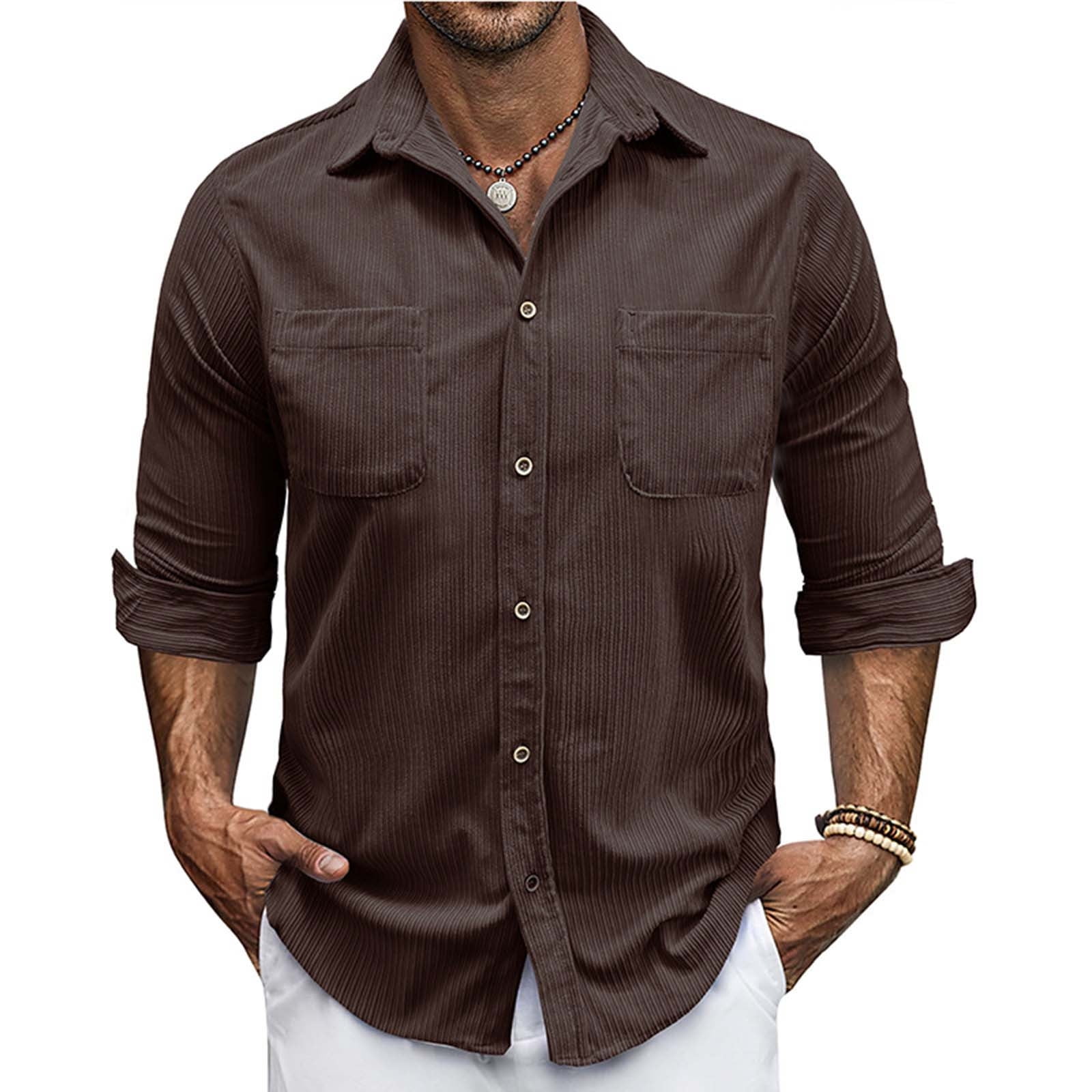 Corduroy-Shirts for Men with Pockets Long Sleeve Button-Down Tshirts ...
