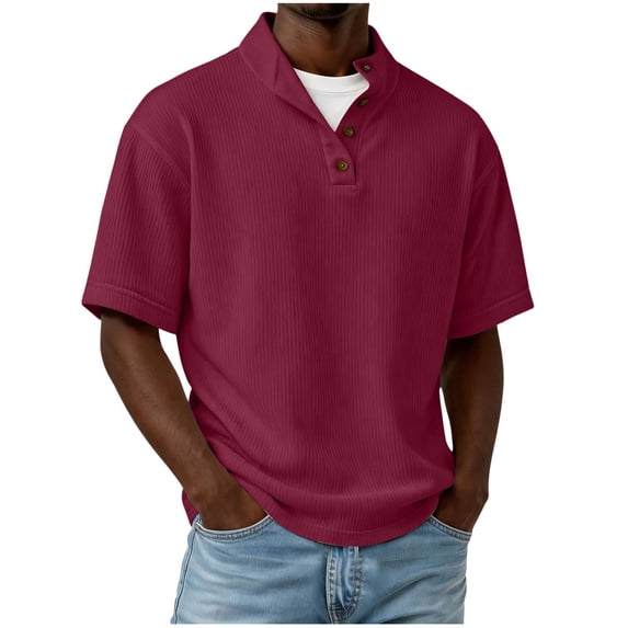 Corduroy Short Sleeve T-shirt for Man Stand Collar 1/4 Button Vintage ...