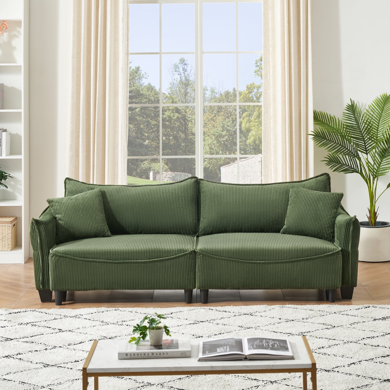 Corduroy Sleeper Sofa with 2 Throw Pillows, Quick-Convert Design for Small Apartments ...