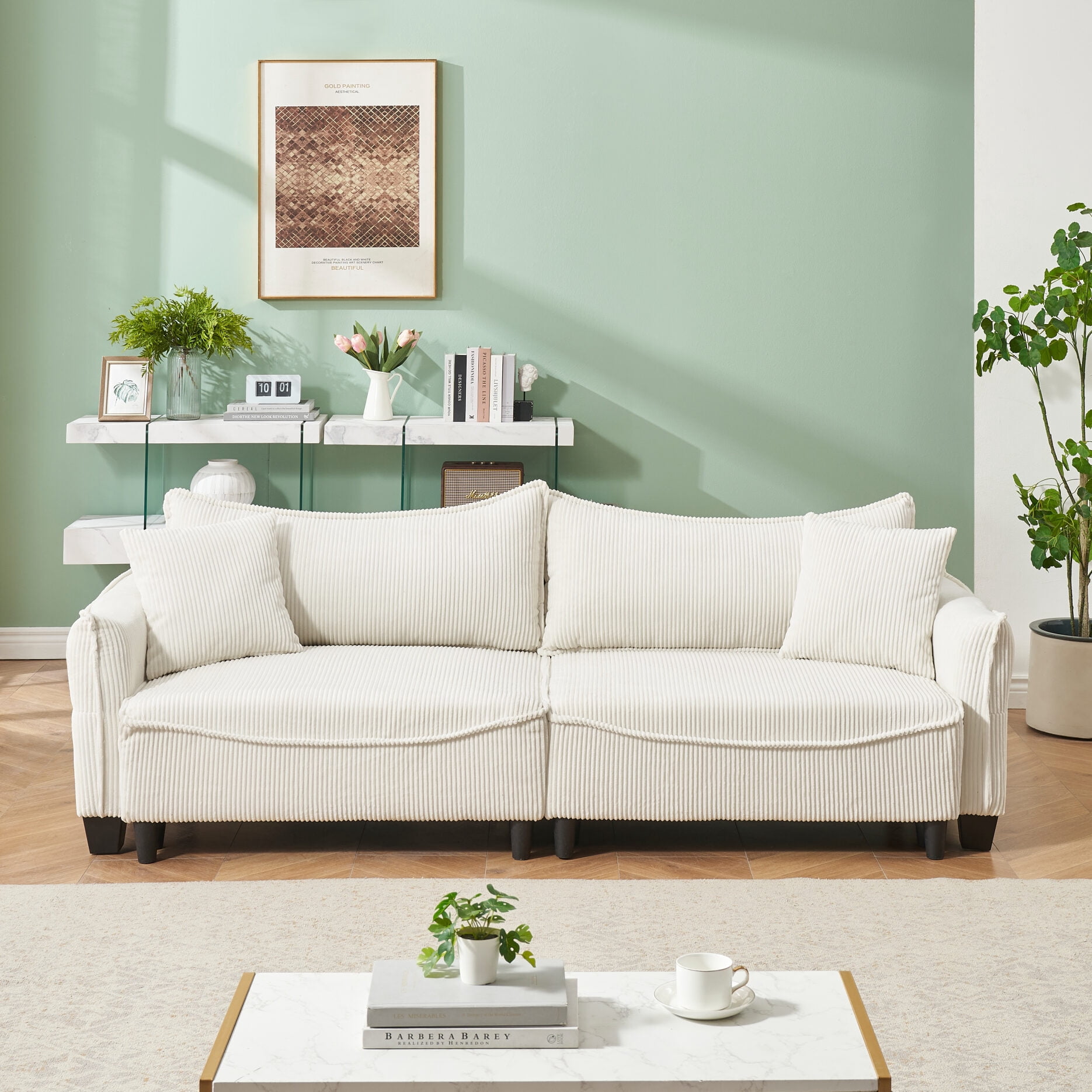 Corduroy Sleeper Sofa with 2 Throw Pillows , Quick-Convert Design for ...