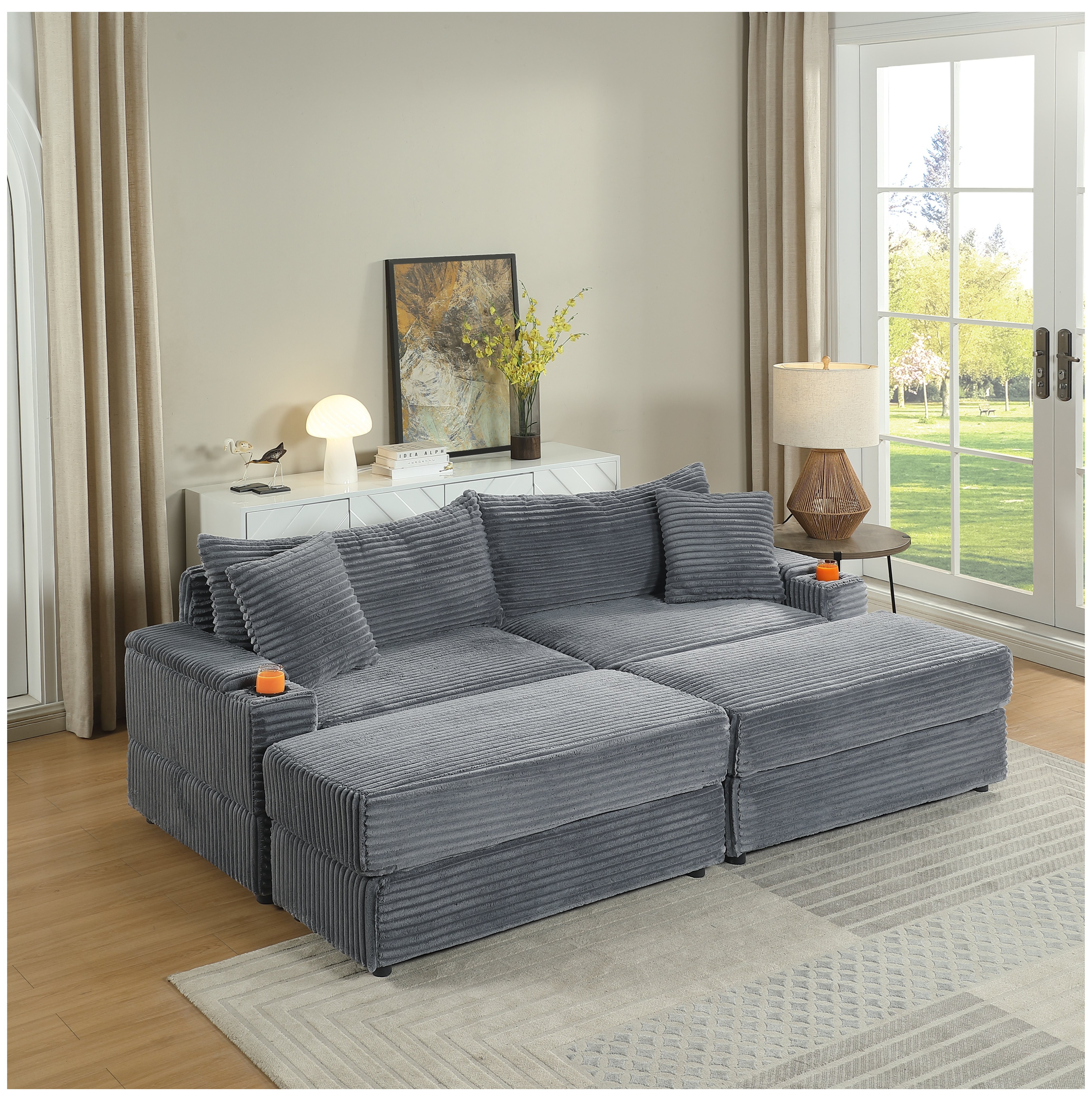 Corduroy Sofa with Ottoman & Pillows, Deep Seat Couch for Living Room ...