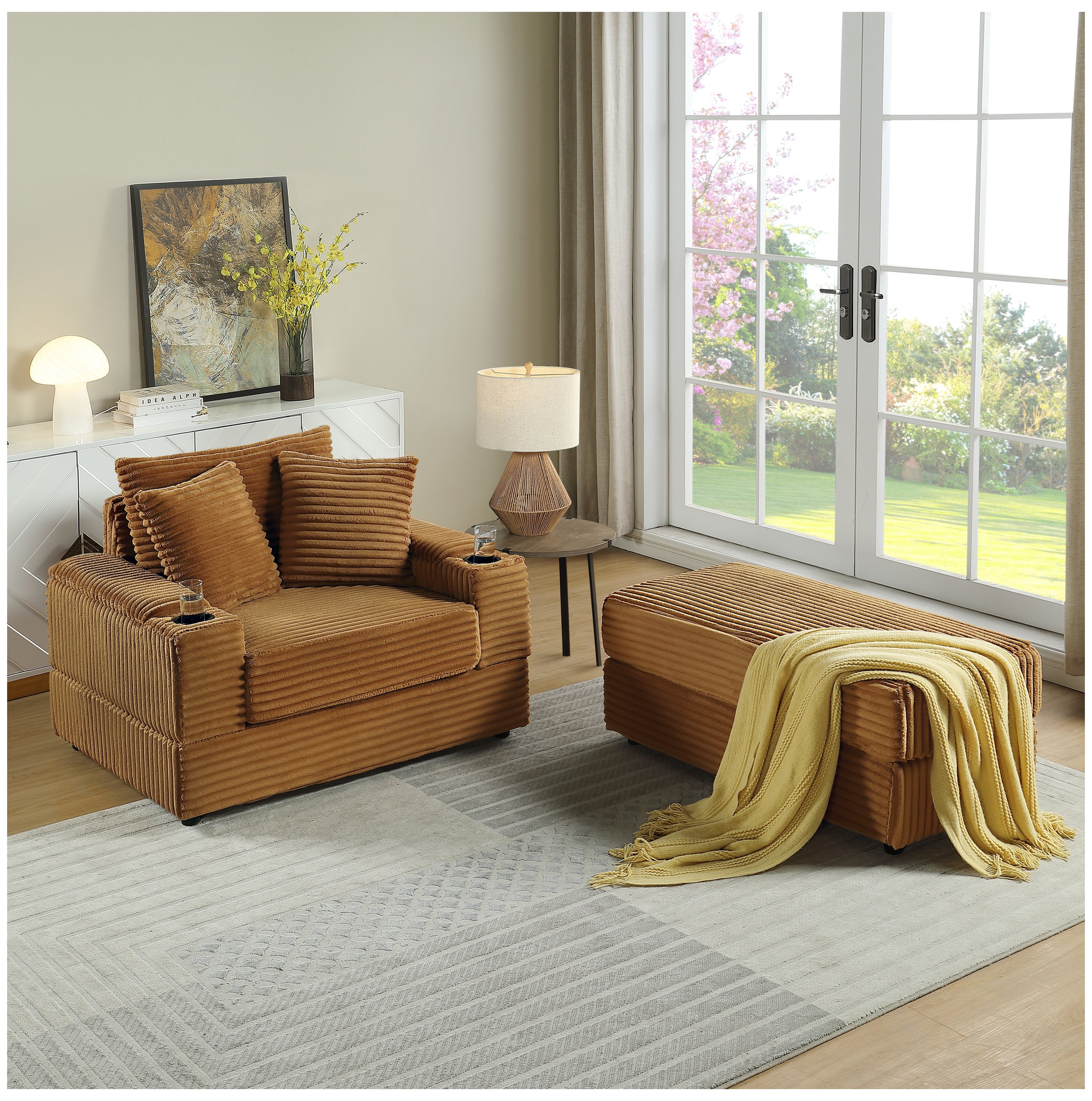 Corduroy Sofa with Ottoman & Pillows - Deep Seat Couch for Living Room ...