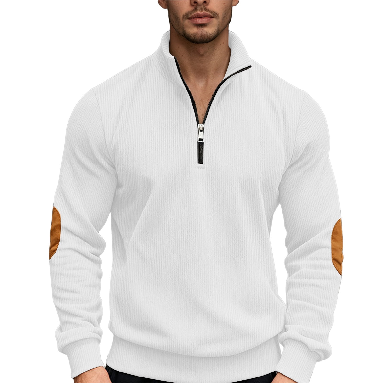 Corduroy Stand Collar Pullover Sweatshirt With Zipper And Elbow Patch ...