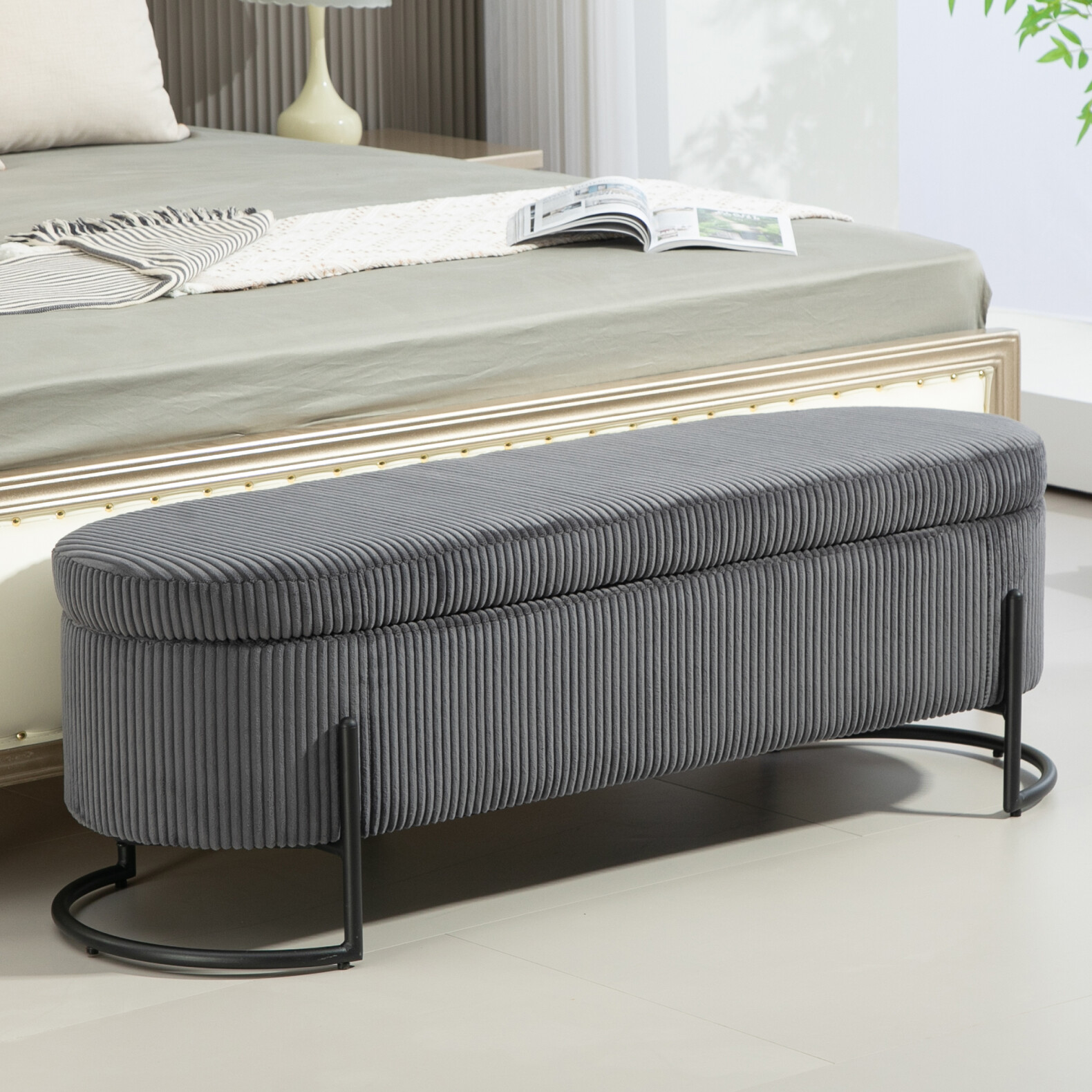 Corduroy Storage Ottoman with Safety Hinge, Bedroom Upholstered Ottoman ...