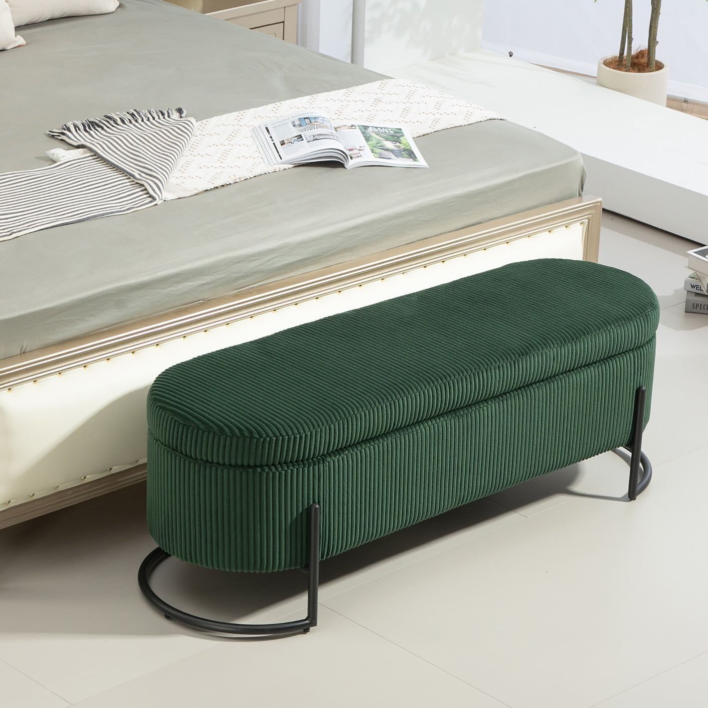 Corduroy Storage Ottoman with Safety Hinge, Bedroom Upholstered Ottoman ...