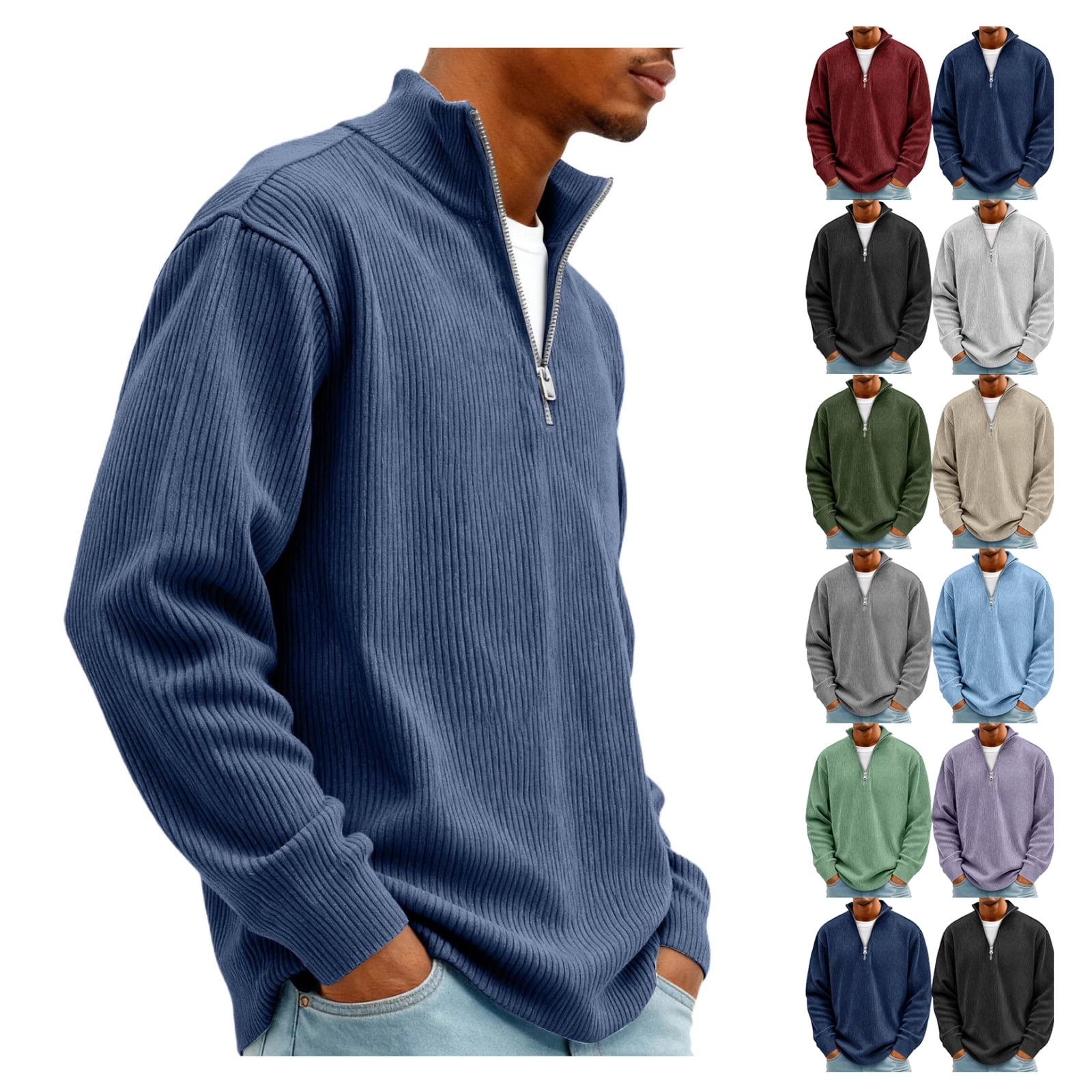 Corduroy Sweatshirt Men Quarter Zip Mock Neck Long Sleeve Casual Pullover Fall Top Army Green ...