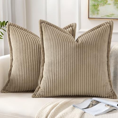 Corduroy Throw Pillow Covers 24x24 Set of 2, Neutral Decorative Soft ...