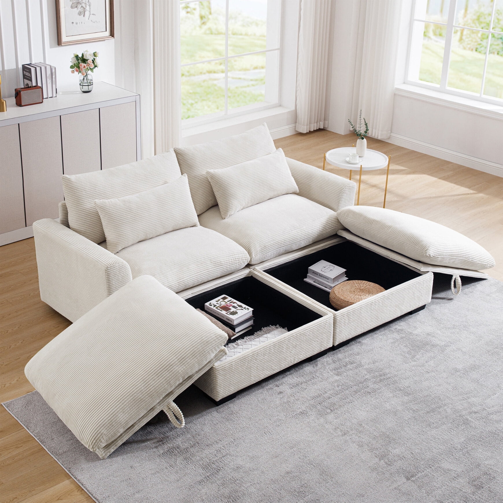 Corduroy Two-Seater Sofa with 2 Storage Footrest, 2 Seater Sectional ...