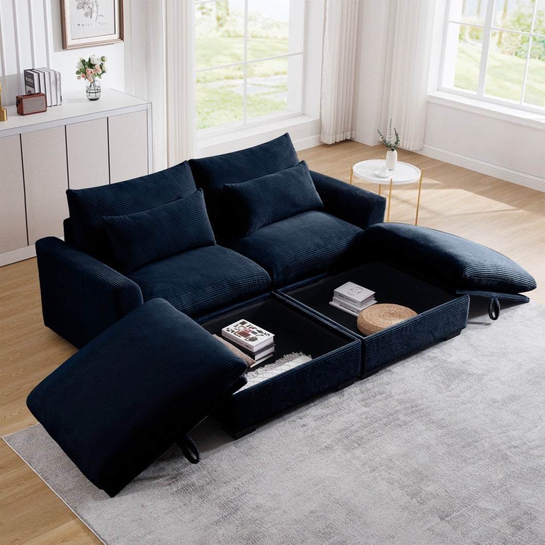 Corduroy Two-Seater Sofa with 2 Storage Footrest, 2 Seater Sectional ...