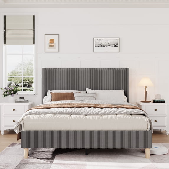 Corduroy Upholstered Bed Frame – Vertical Channel Tufted Wingback ...