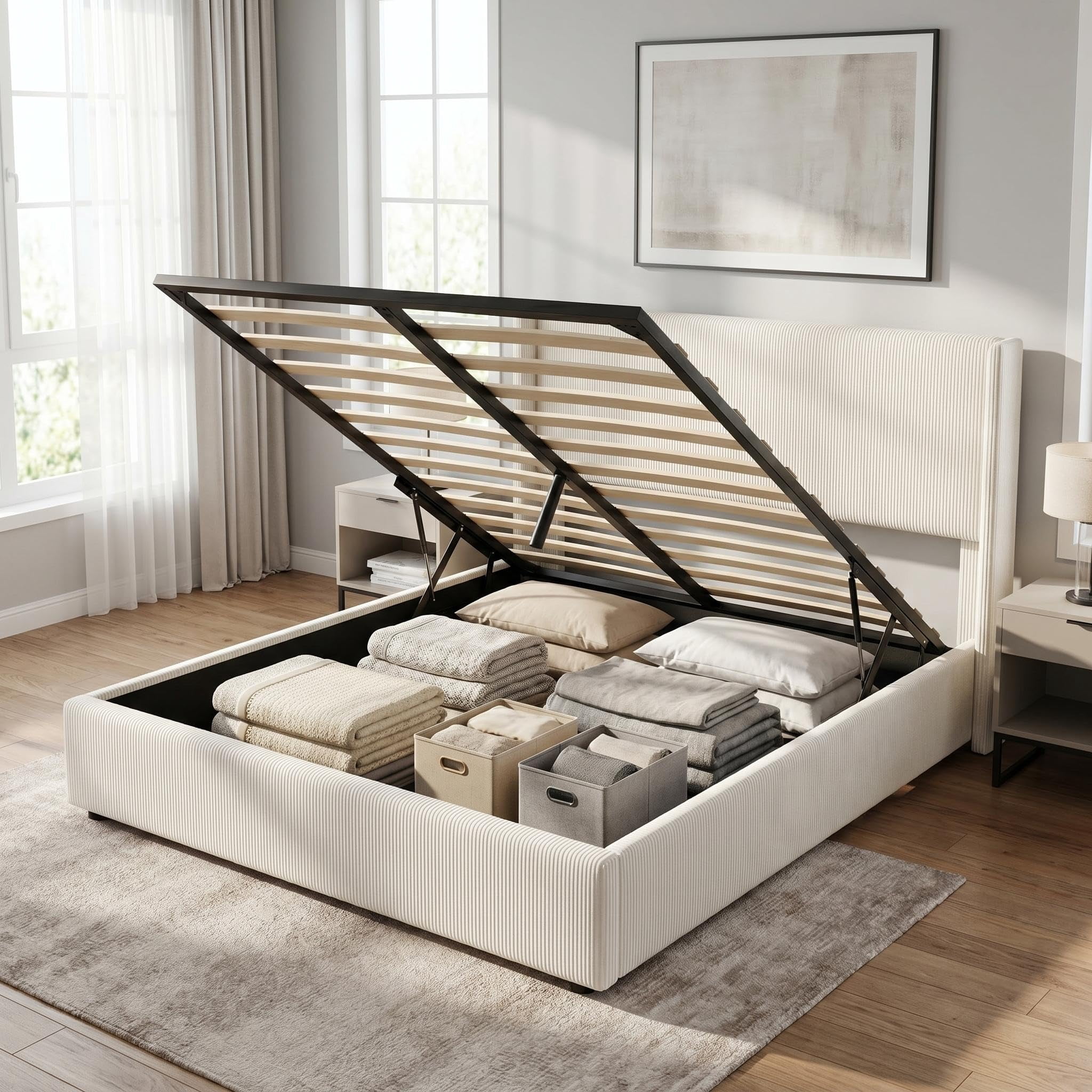 Corduroy Upholstered Platform Bed Frame, Lift Up Storage Bed with ...