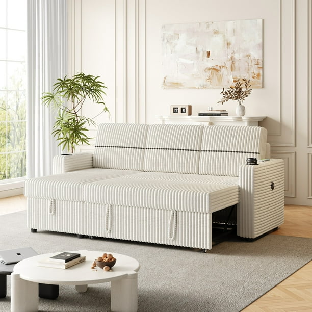 Corduroy Upholstered Reversible Sleeper Sectional Sofa with Pull Out Bed and Convertible Storage Chaise Lounge 3 Seater Corner Couch Sofabed with 2 Cupholder and USB Charge Port for Living Room Walmar...