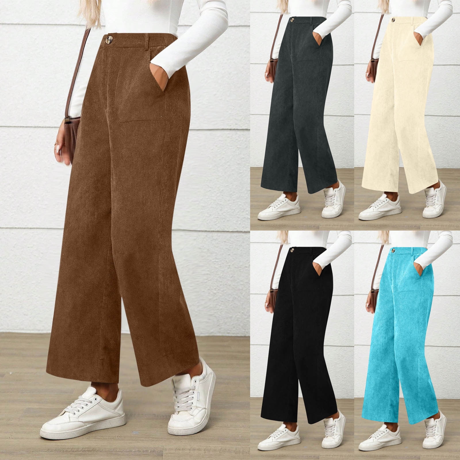Corduroy Wide Leg Pants Women Casual Loose Fit Elastic Waist with ...
