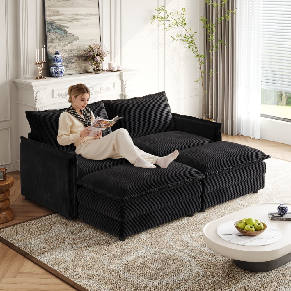 Corduroy fabric 2-seater comfortable cloud sofa with 2 movable footrests for living room ...