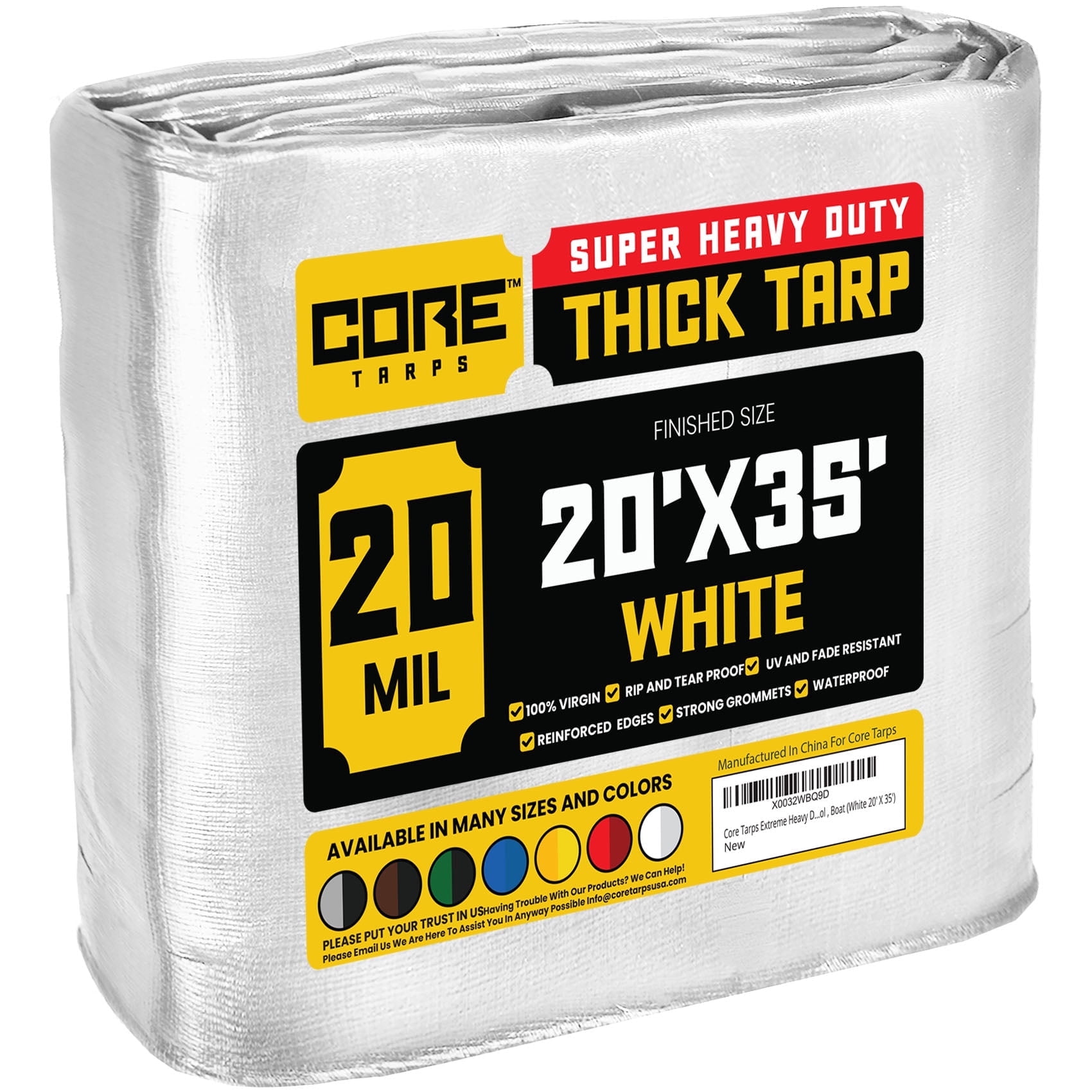 Core Tarps Large 20 Mil Heavy Duty Waterproof Tarpaulin, White 20' x 35 ...