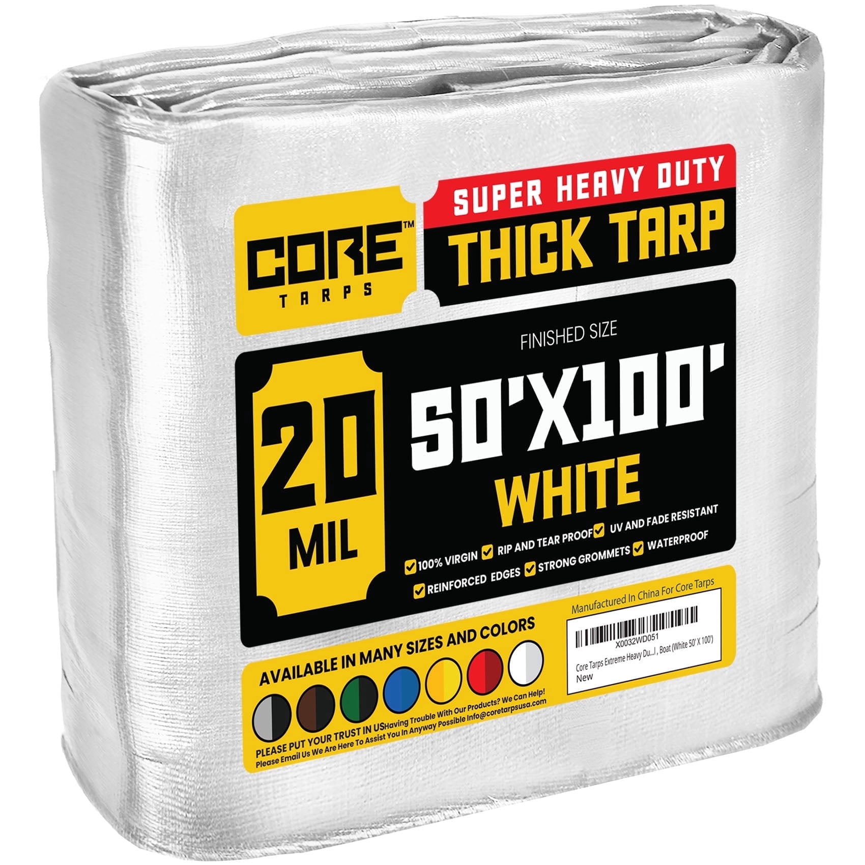 Core Tarps 20 Mil Heavy Duty Tarp Tarpaulin Waterproof Cover, White 50 ...