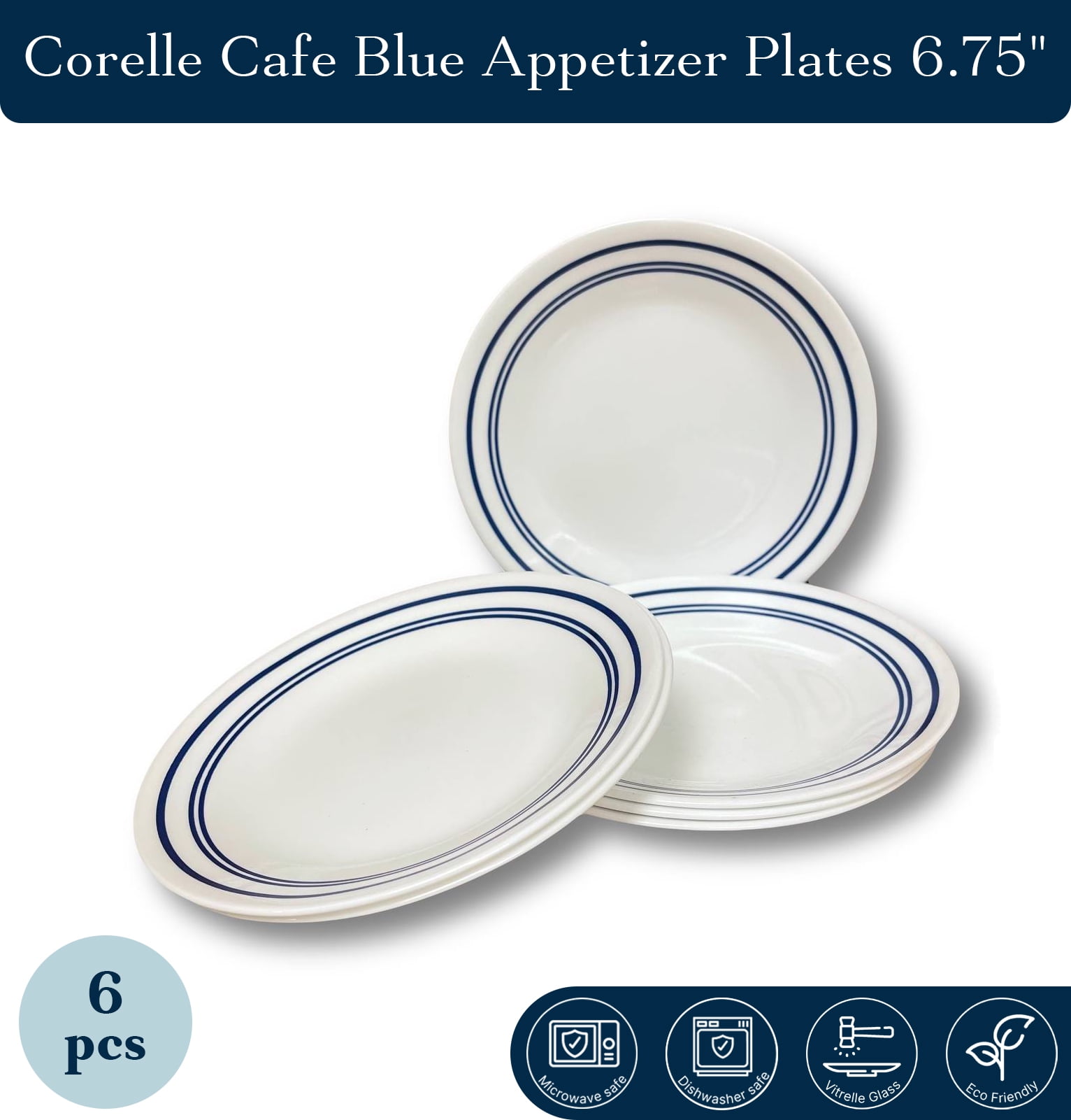 Corelle Cafe Blue Appetizer Plates 6.75", Vitrelle Glass (Pack of 6 ...