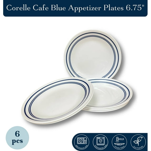 Corelle Cafe Blue Appetizer Plates 6.75", Vitrelle Glass (Pack of 6 ...