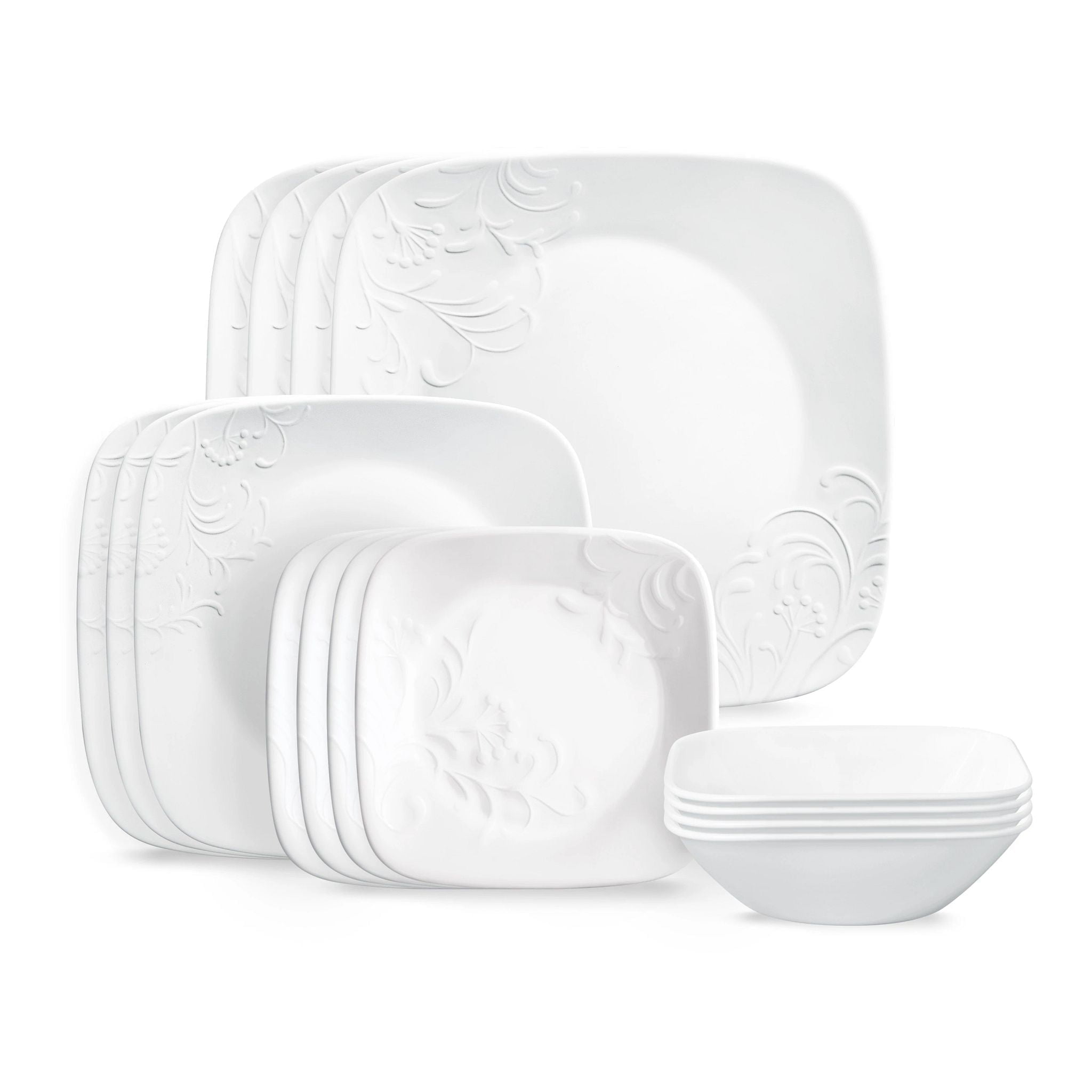 Corelle Cherish Square Glass Dinnerware Set, 16-Piece, Embossed, Chip ...