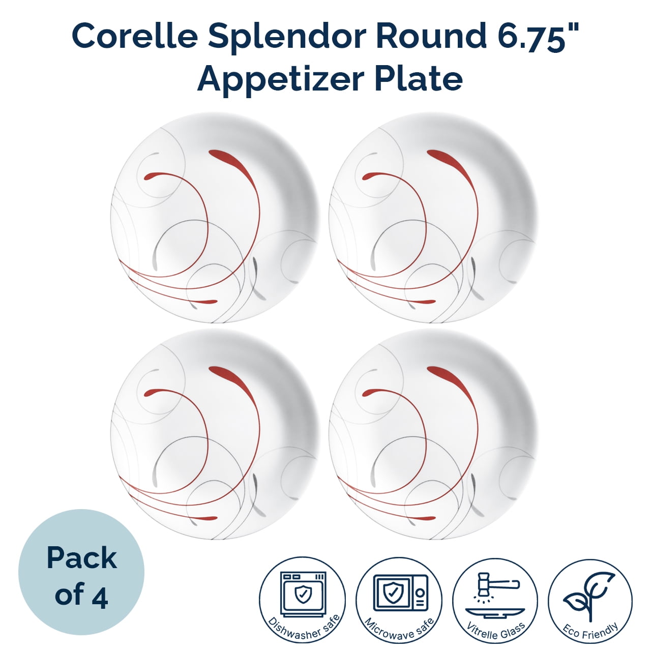 Corelle Splendor Round Appetizer Plate, 6.75", Vitrelle Glass, Set of 4 ...