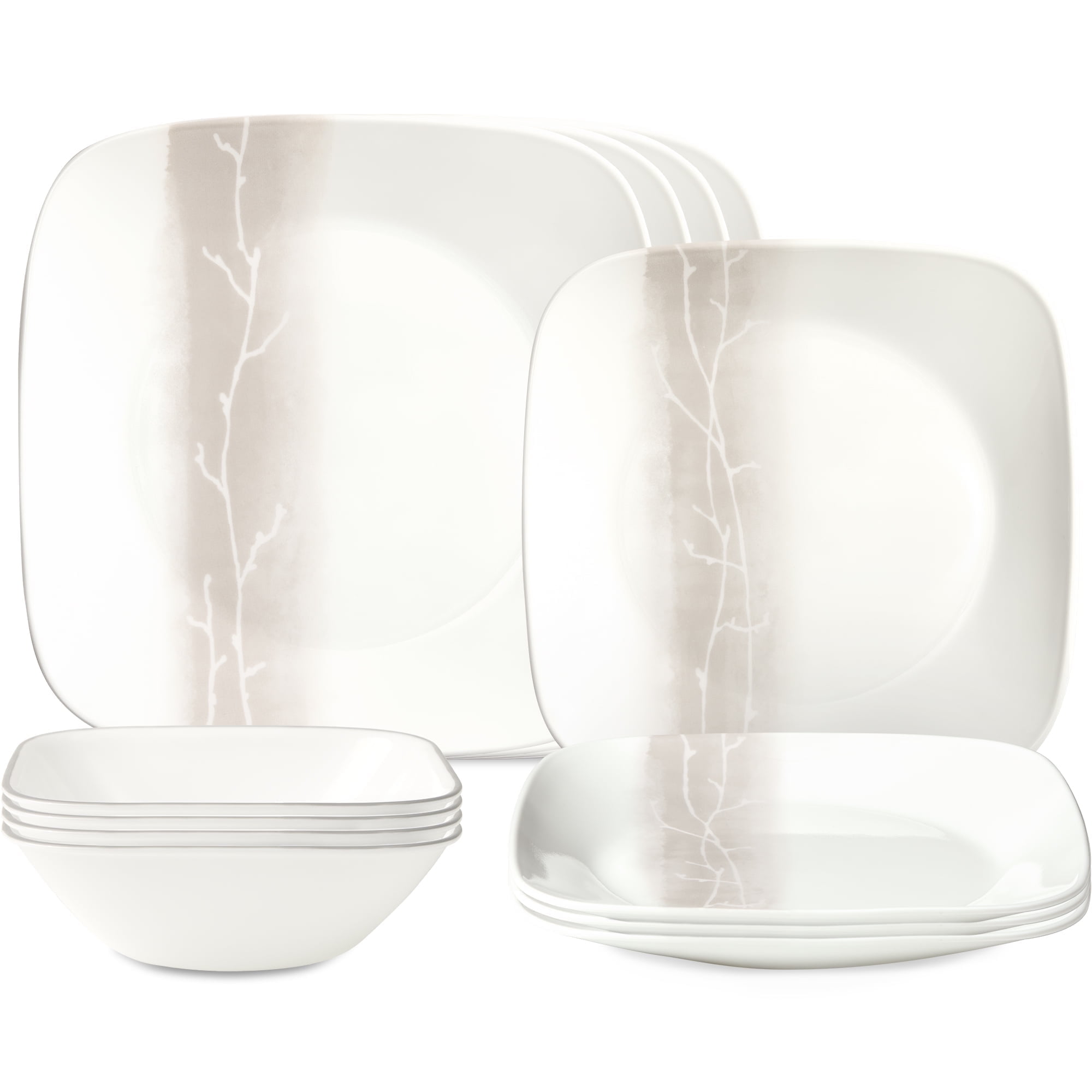 Corelle Wandering Grove 12 Piece Square Glass Dinnerware Set Service for 4