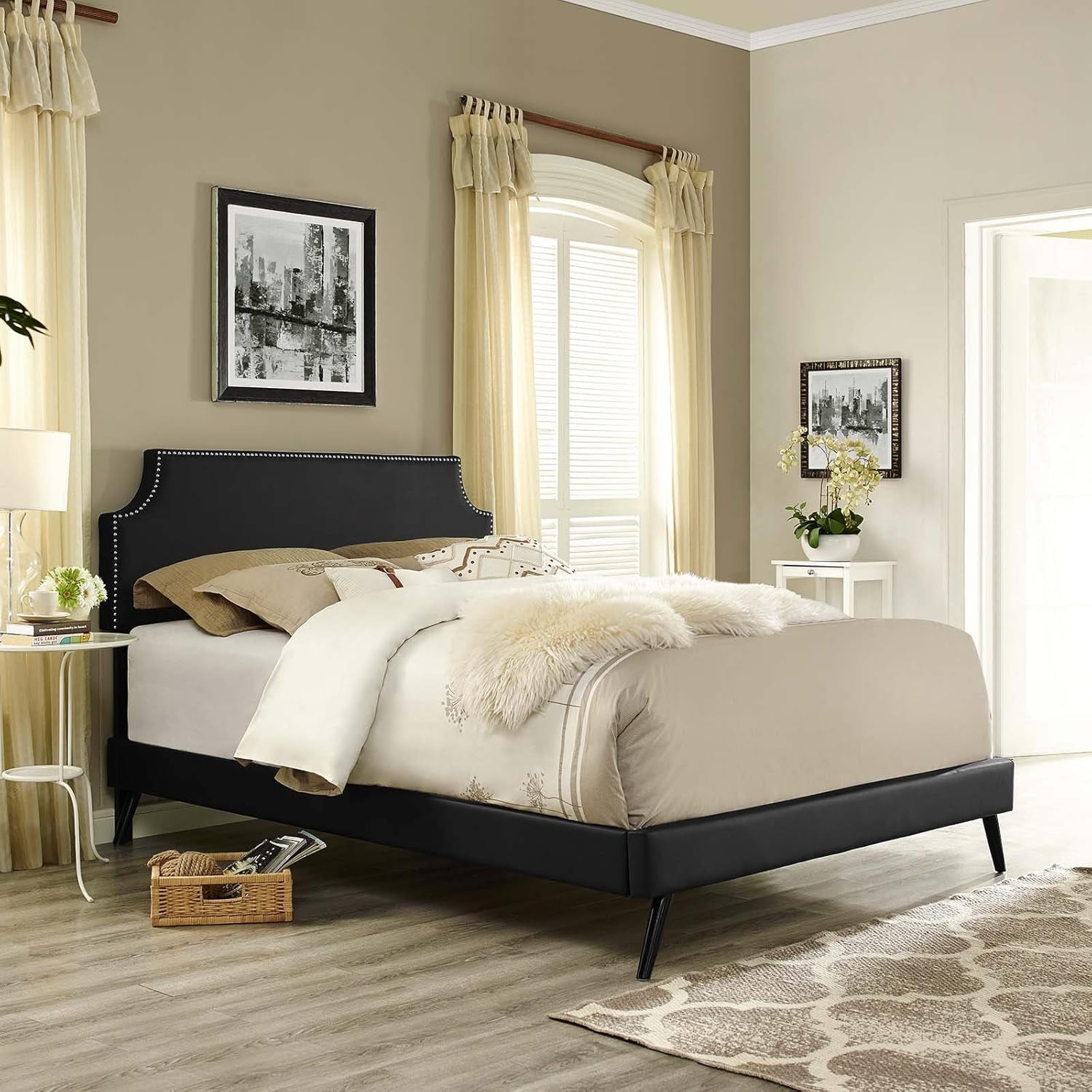 Corene Faux Leather Upholstered Full Platform Bed Frame With Round ...