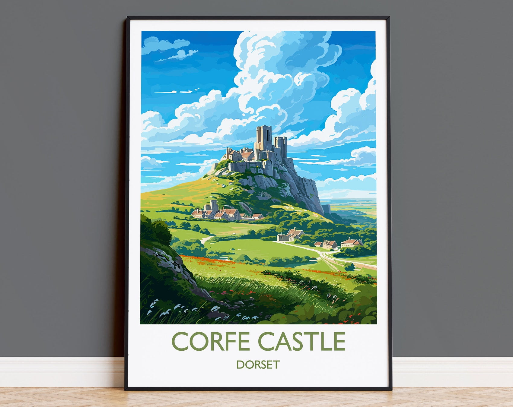 Corfe Castle Travel Print, Travel Poster of Corfe Castle, England ...