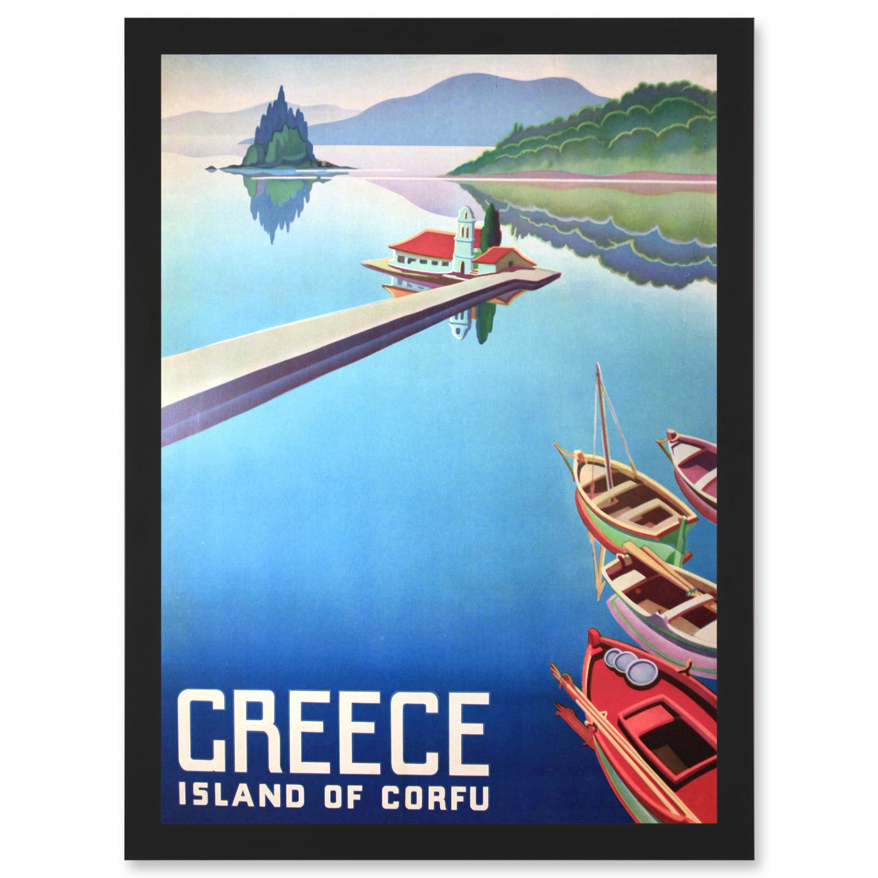 Corfu Greece Boats Pier Mount Travel Advert Artwork Framed Wall Art ...