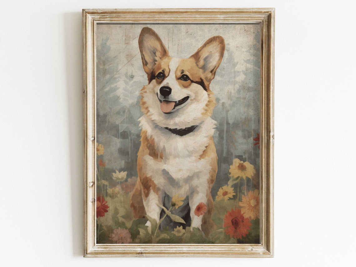 Corgi Art Print Dog With Flowers Wall Decor UNFRAMED PAPER POSTER, Home ...