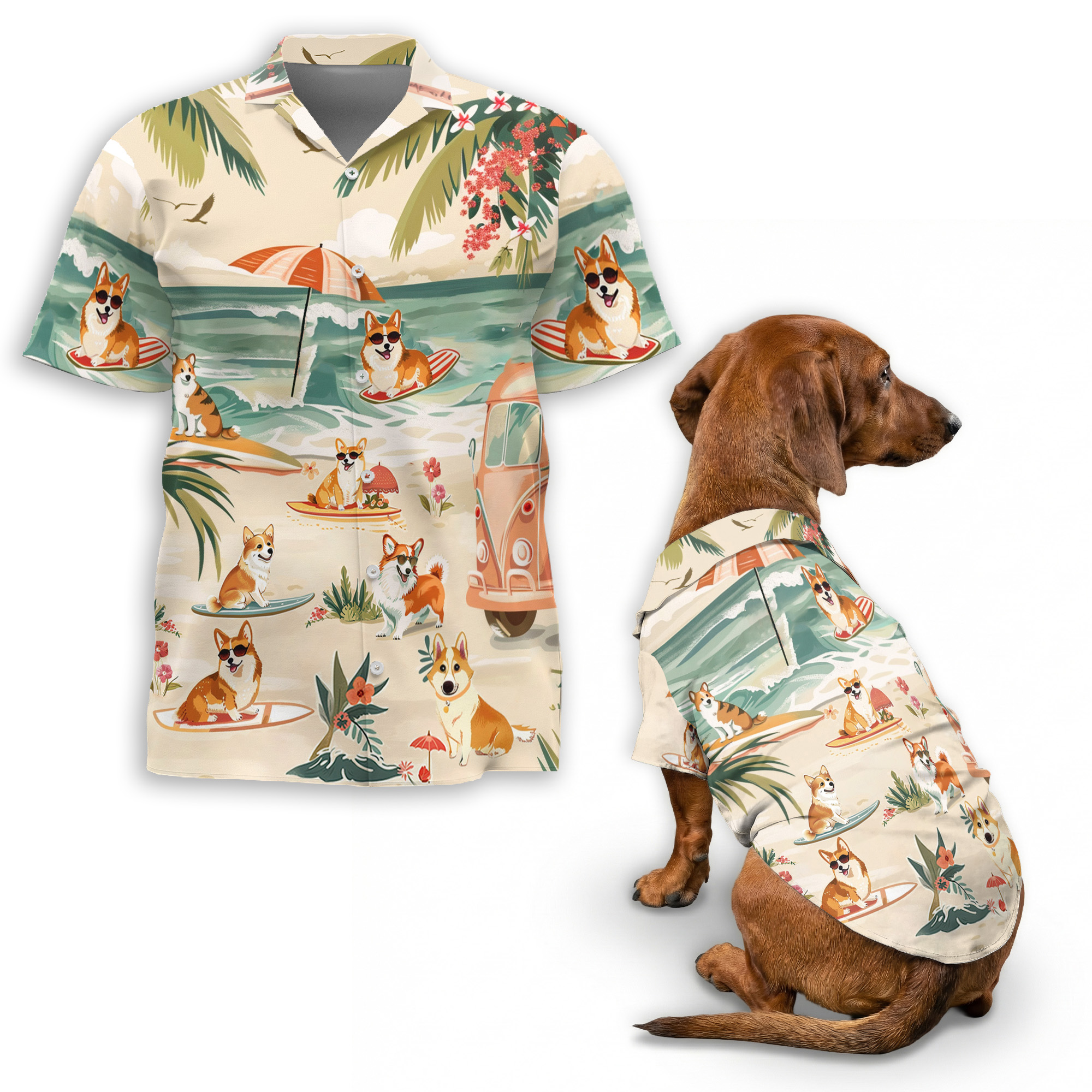 Corgi Beach Hawaiian Shirt, Cute Surfing Dog Tropical Button Down Shirt ...