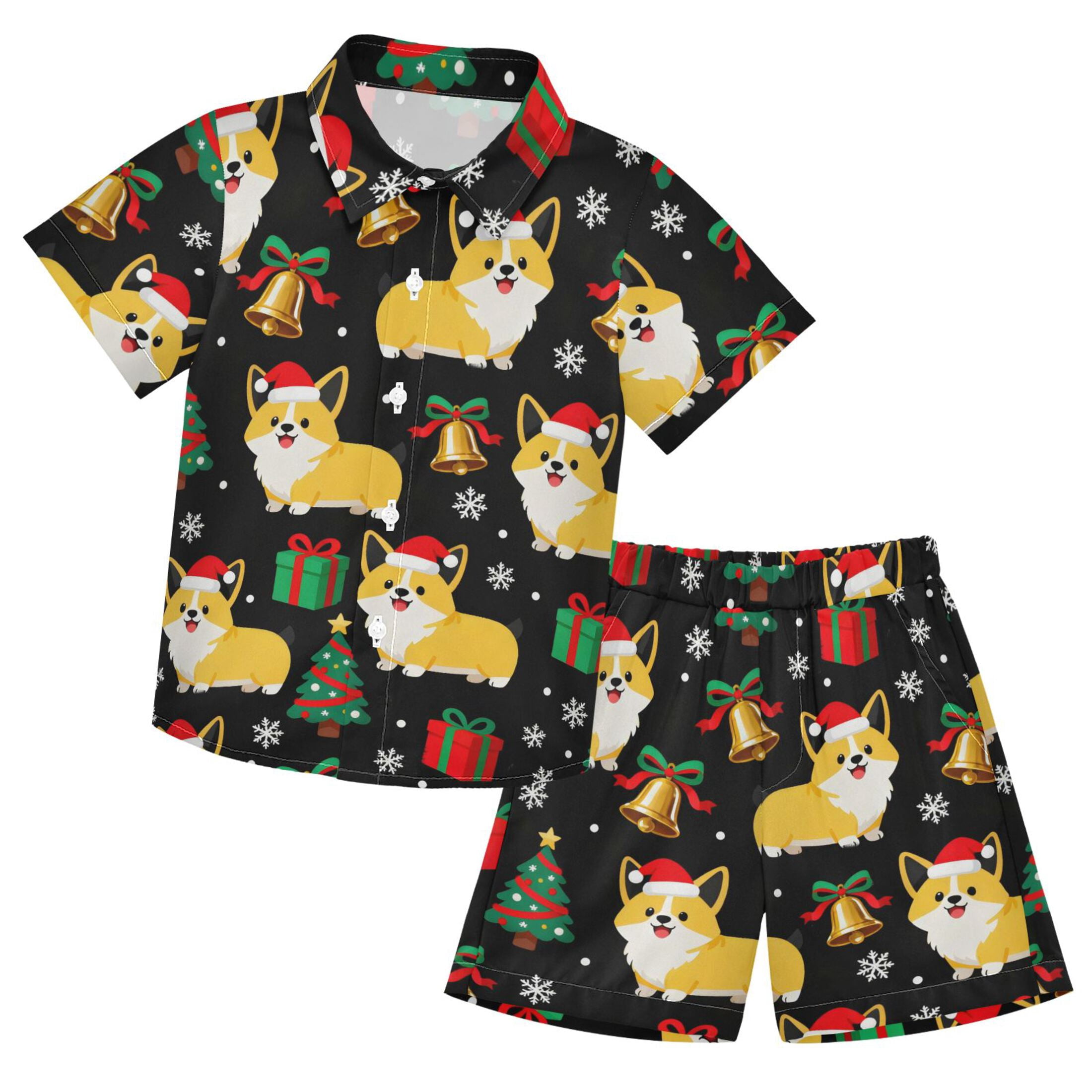 Corgi Bell Gift Pattern Boys' Hawaiian Shorts Sets Button Down Shirts ...