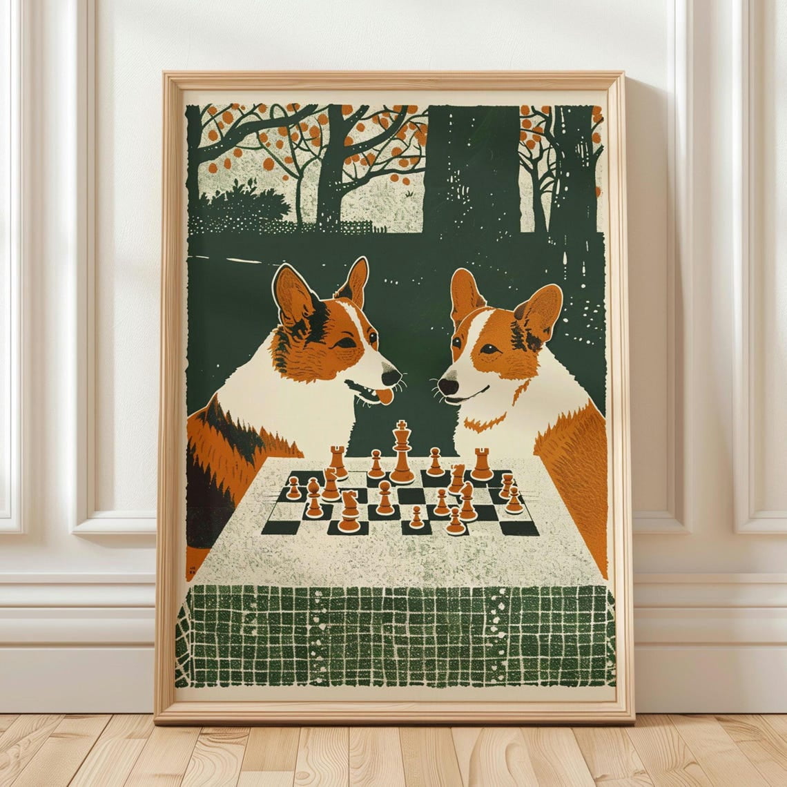 Corgi Chess Vintage Dog Illustration Whimsical Animal Retro Forest Mid ...