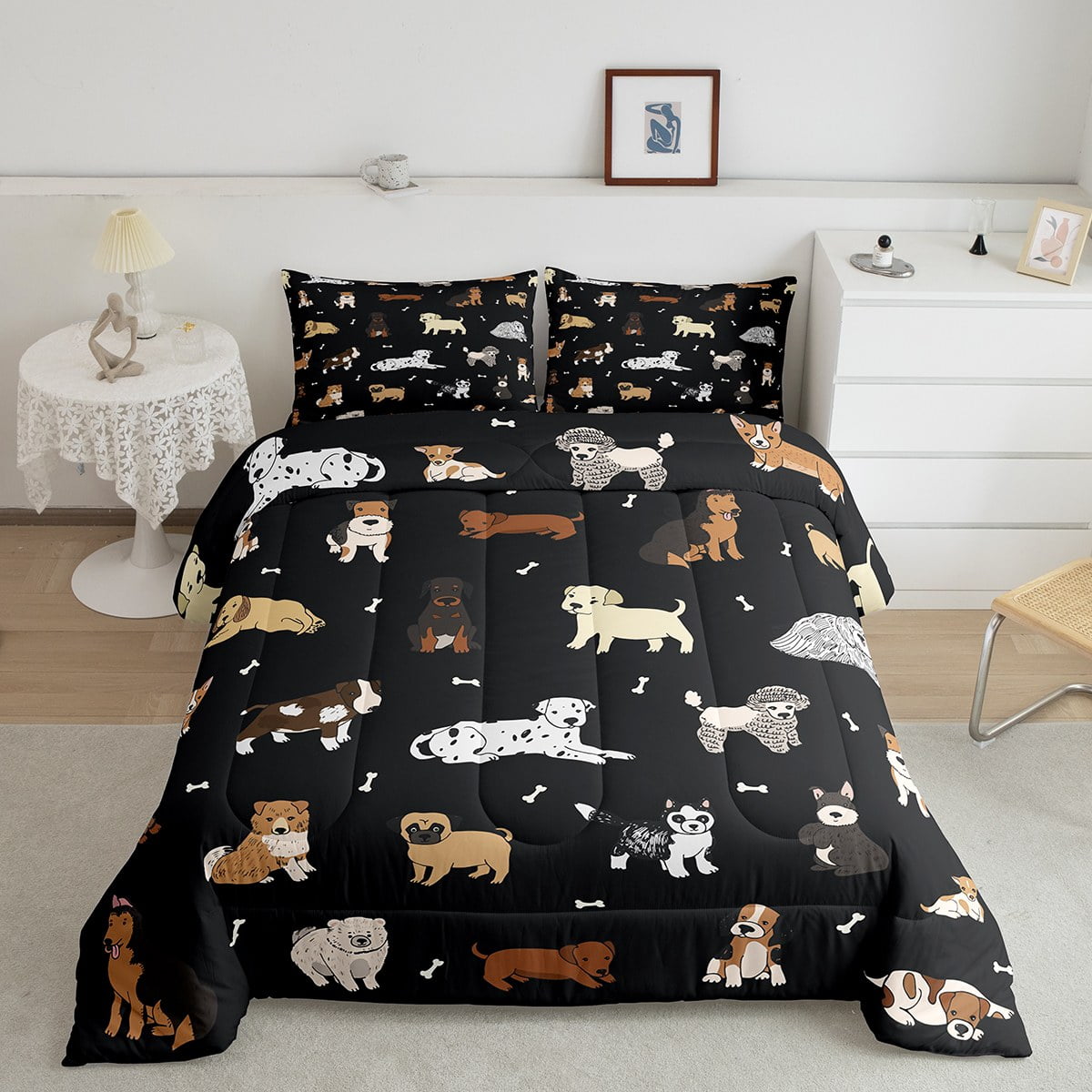 Corgi Dachshund Bedding Set Full Black Comforter Set, Kawaii Animal Pet ...