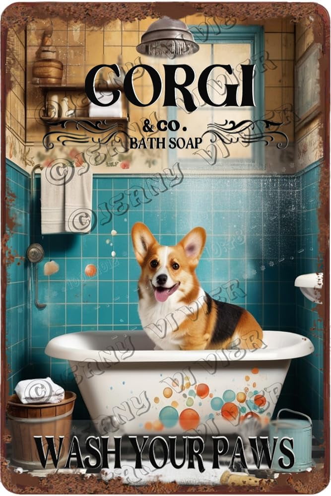 Corgi Decor Wash Your Paws Decor Dog Art Retro Aluminum Sign 12x8 IN ...
