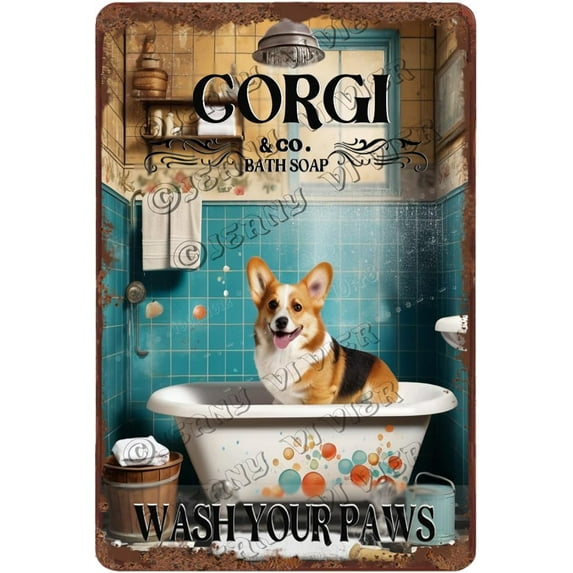 Corgi Decor Wash Your Paws Decor Dog Art Retro Aluminum Sign 12x8 IN ...