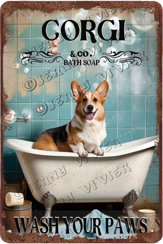 Corgi Decor Wash Your Paws Decor Dog Art Retro Aluminum Sign 12x8 IN ...