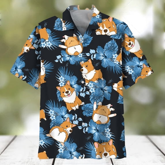 Corgi Dog Blue Floral Hawaiian Shirt - Walmart.com