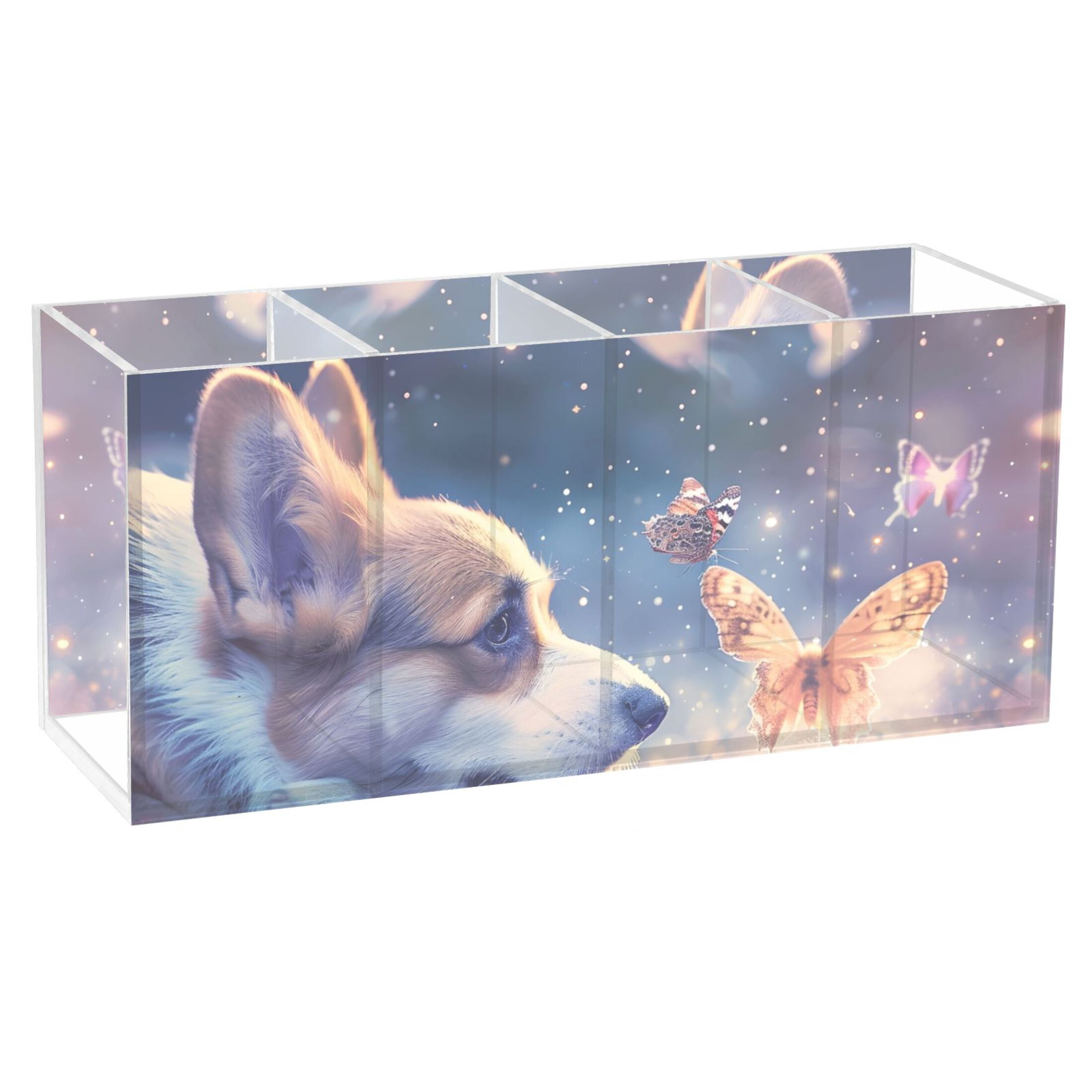 Corgi Dog Butterfly Acrylic Pen Holder Cup 4 Compartments Clear Pencil ...