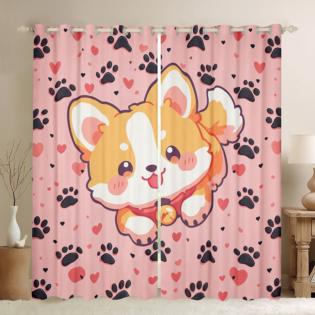Corgi Dog Darkening Curtains,Romantic Love Hearts Window Curtains ...