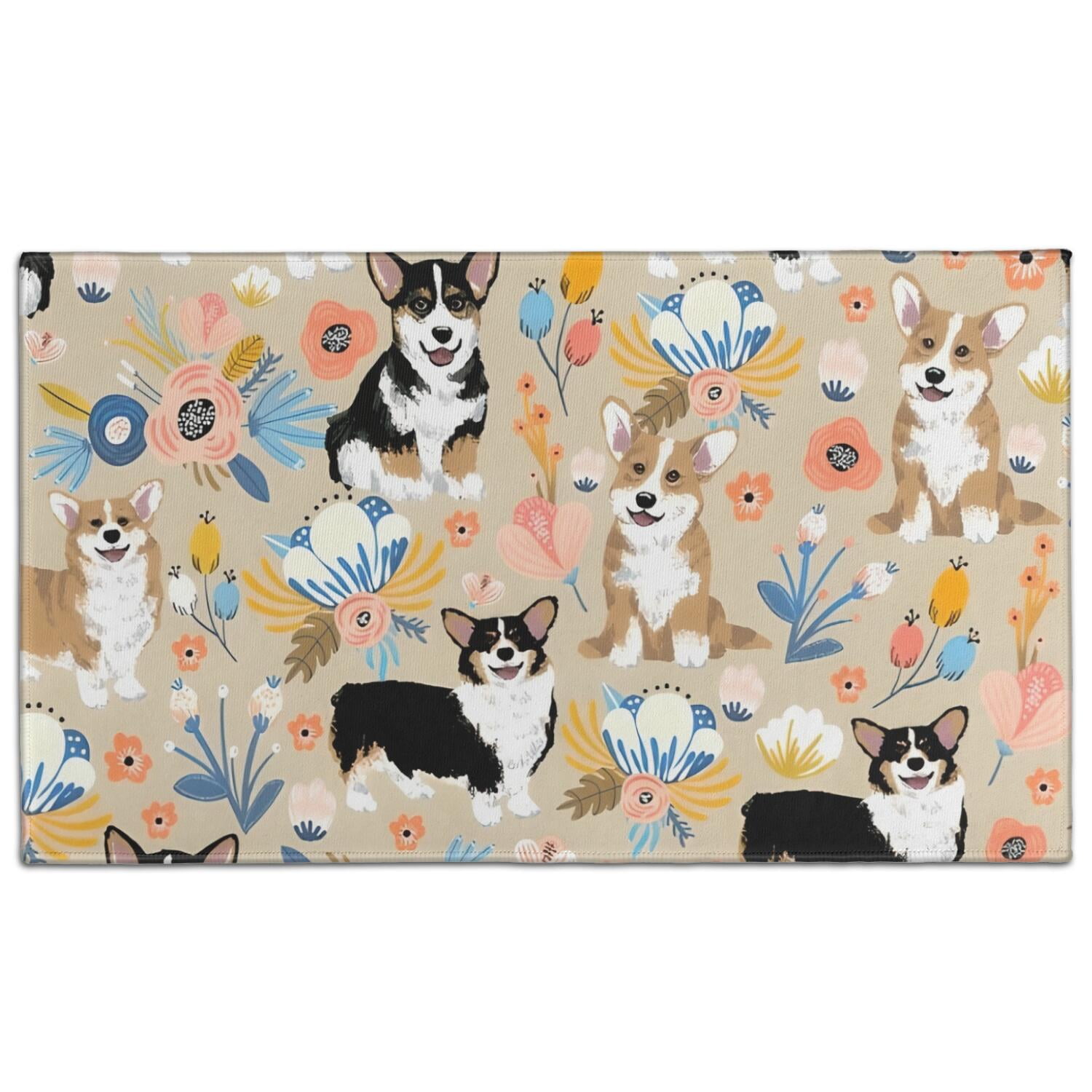 Corgi Dog and Flower Florals Door Rugs,Washable Non Slip Door Mats ...
