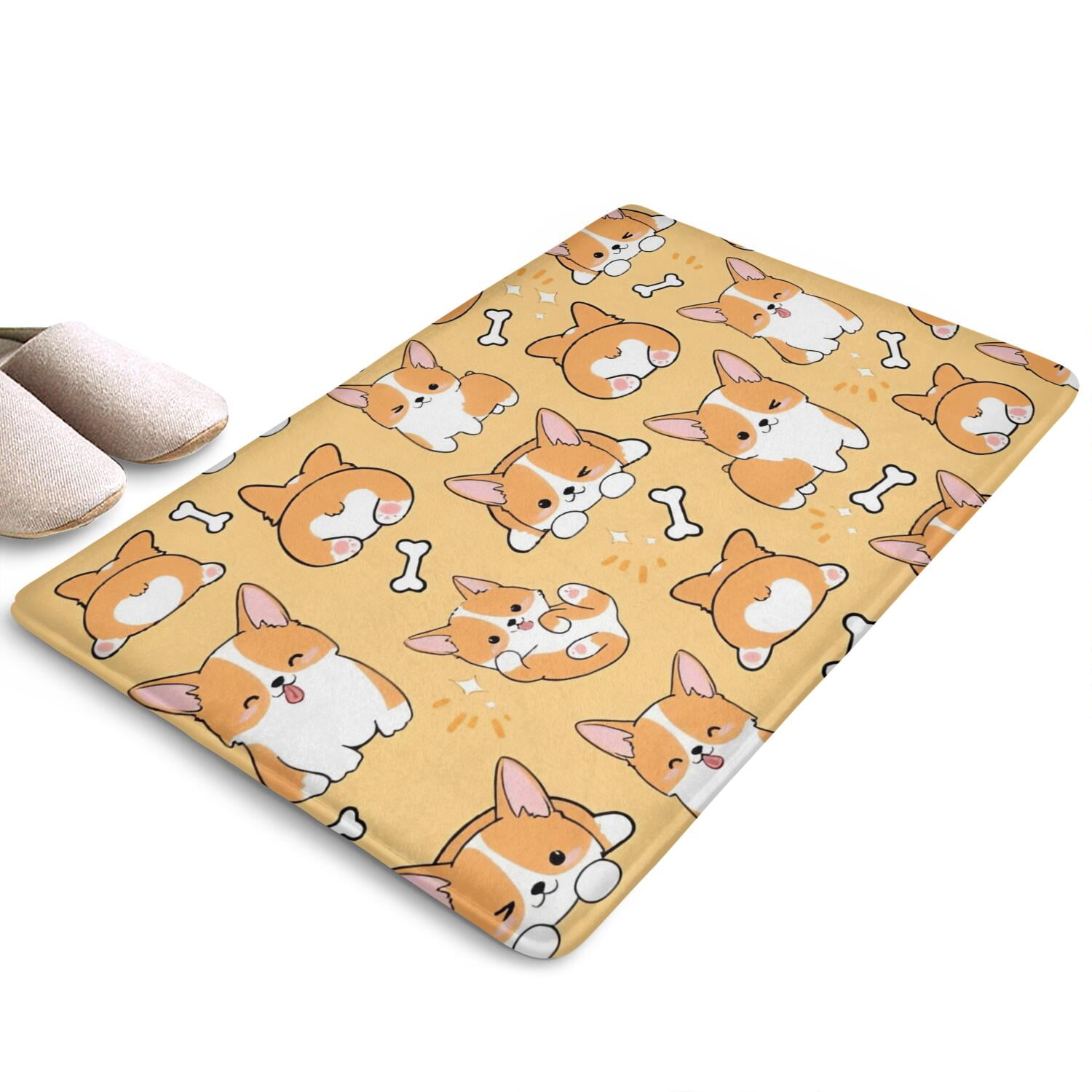Corgi Dog and Footprints Flannel Non Slip Door Rugs,Washable Door Mats ...