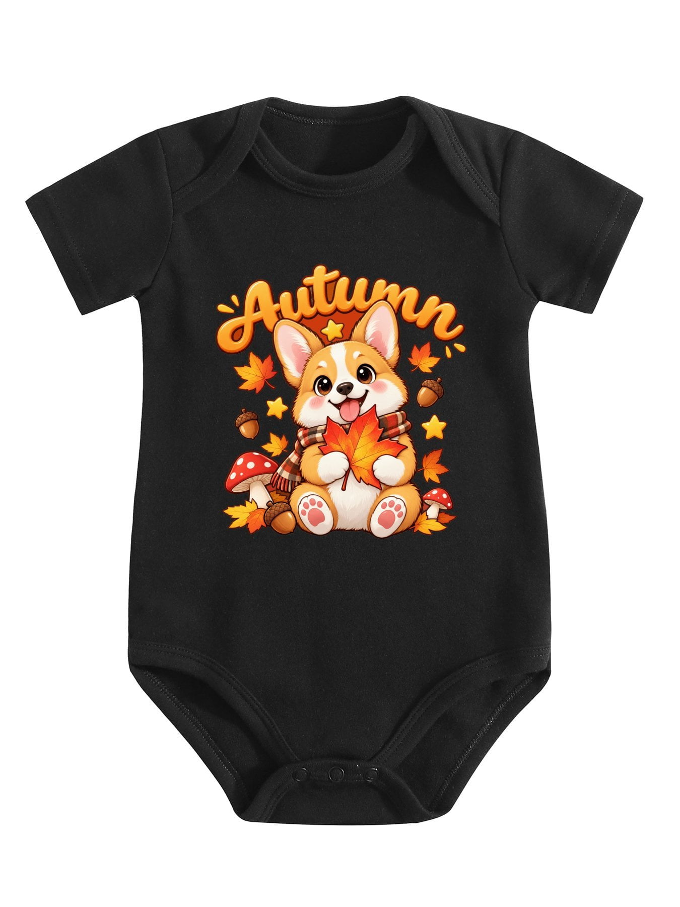 Corgi Dog Holding Maple Leaf Baby Bodysuit, 100% Cotton Short Sleeve ...