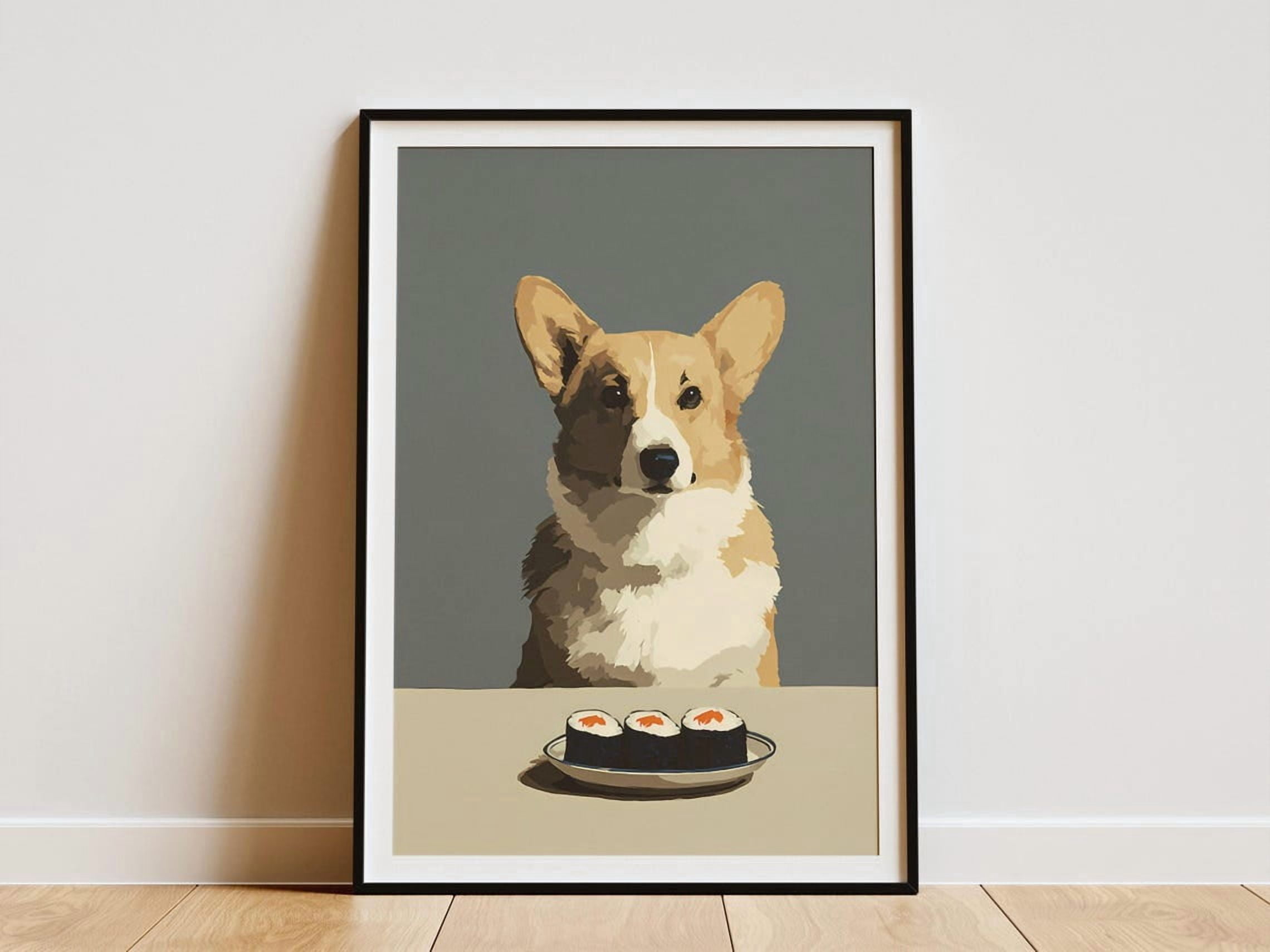 Corgi Dog Sitting at Table with Plate of Sushi Pet Portrait Animal ...