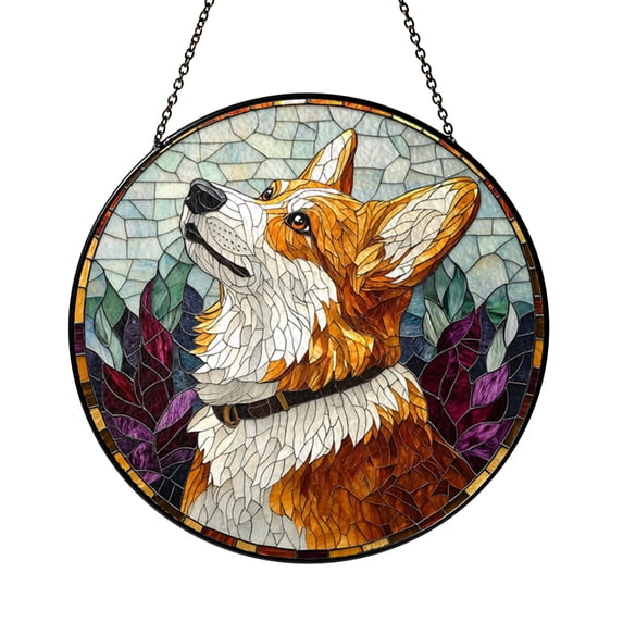 Corgi Dog Stained Glass Style Suncatcher with Bone Motif, Colorful Pet ...