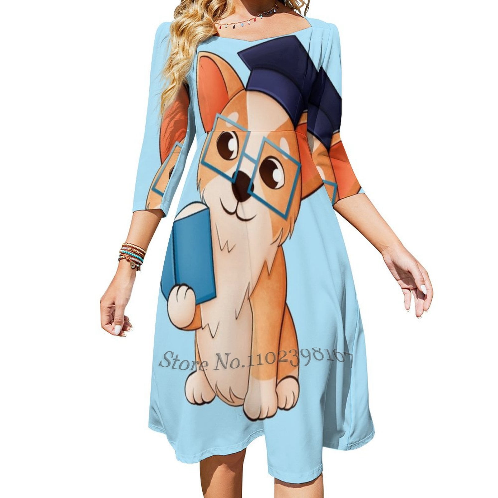 Corgi Goes Back To School Square Neck Dress Cute Loose Print Dresses ...
