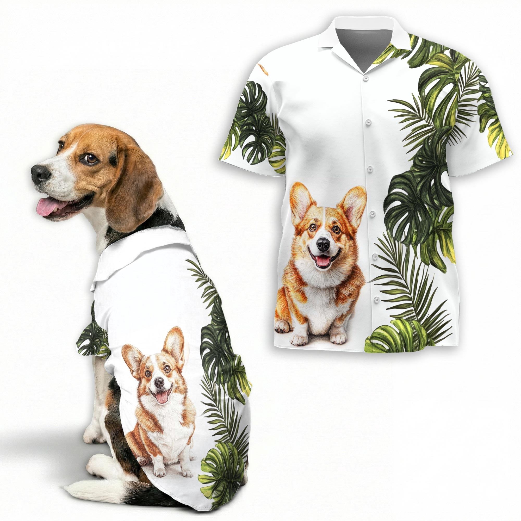 Corgi Monstera Hawaiian Shirt for Men and Dogs, Cute Corgi Dog Tropical ...